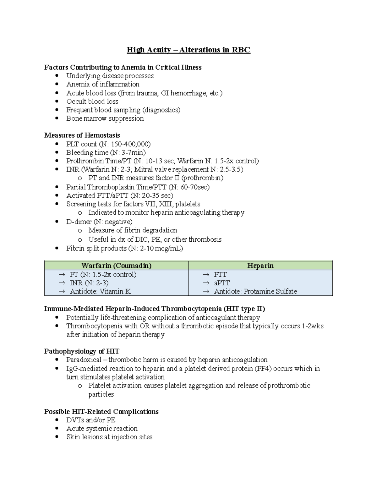 Exam 1 - WBC&RBC Alterations - High Acuity – Alterations in RBC Factors ...