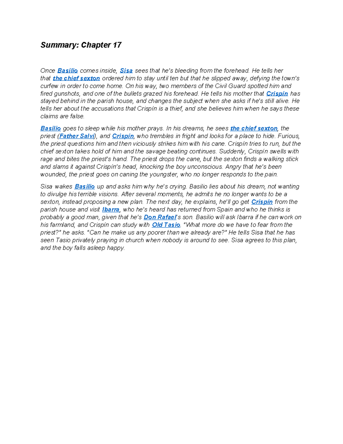 Summary Chapters 17 24 - n/a - Once Basilio comes inside, Sisa sees ...