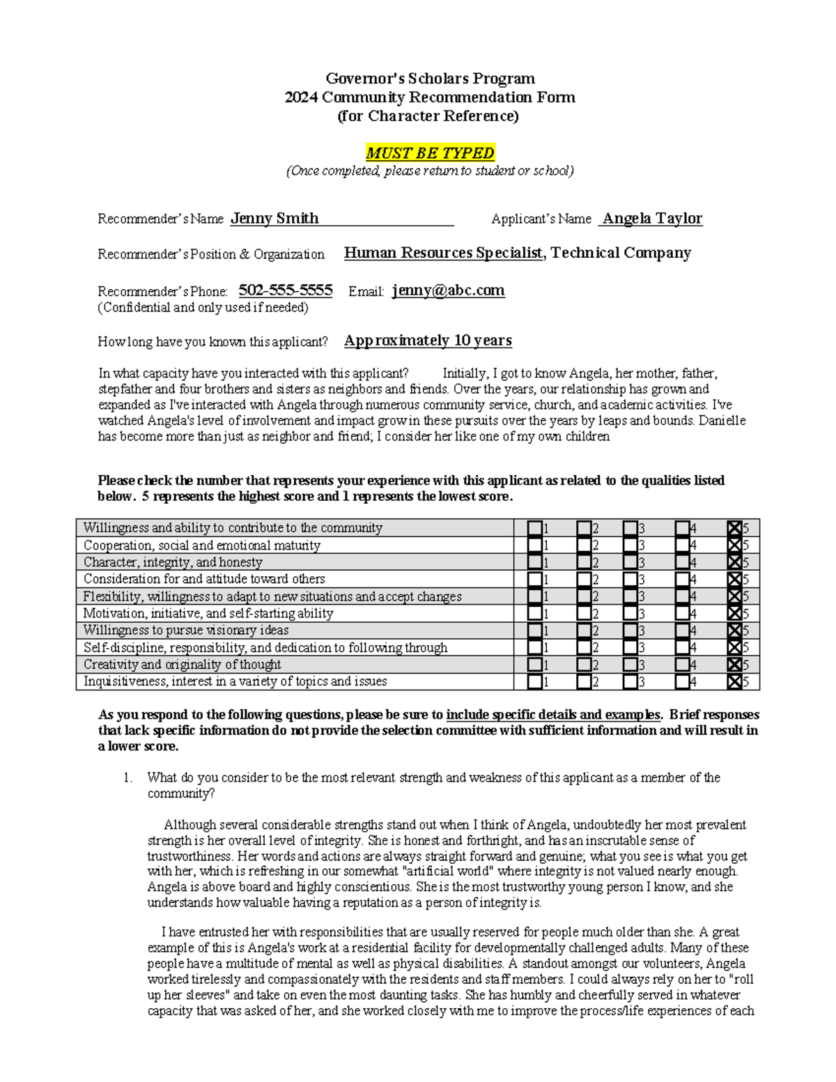Sample Community Recommendation Form - Governor's Scholars Program 2024 ...