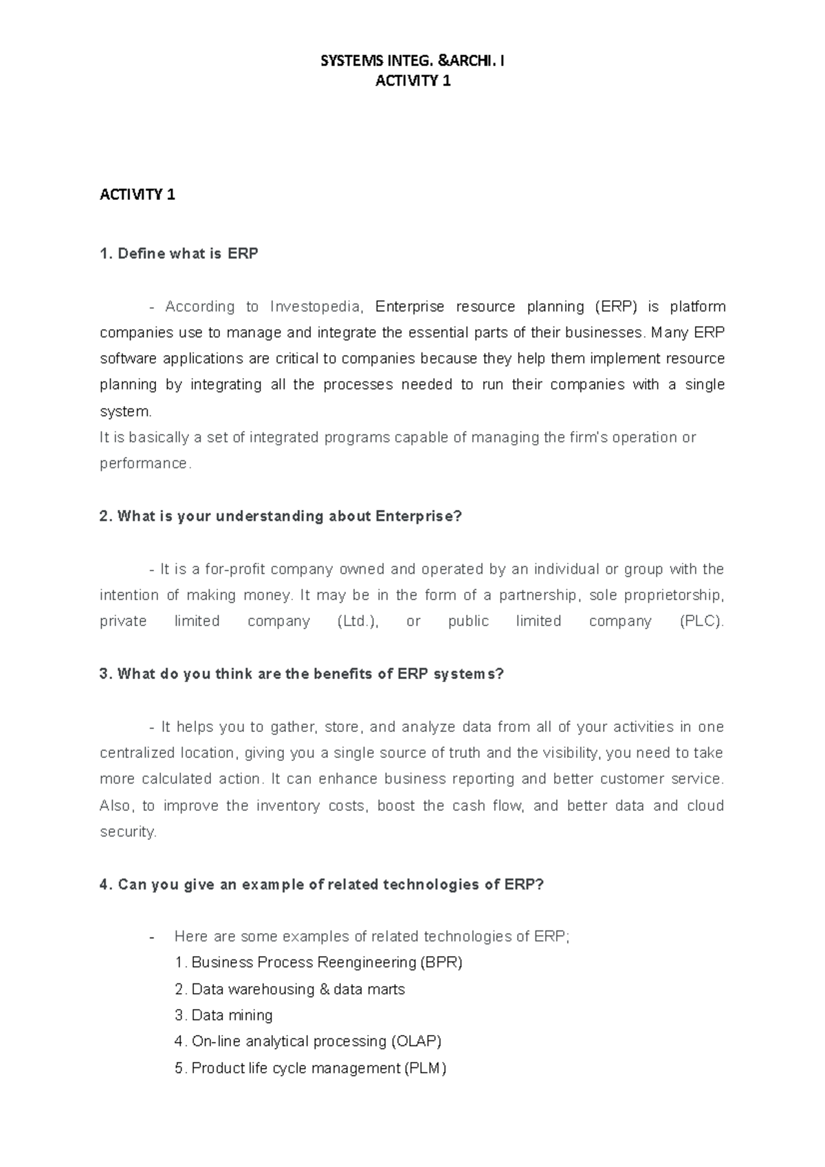 ERP - ERP - SYSTEMS INTEG. &ARCHI. I ACTIVITY 1 ACTIVITY 1 Define what ...