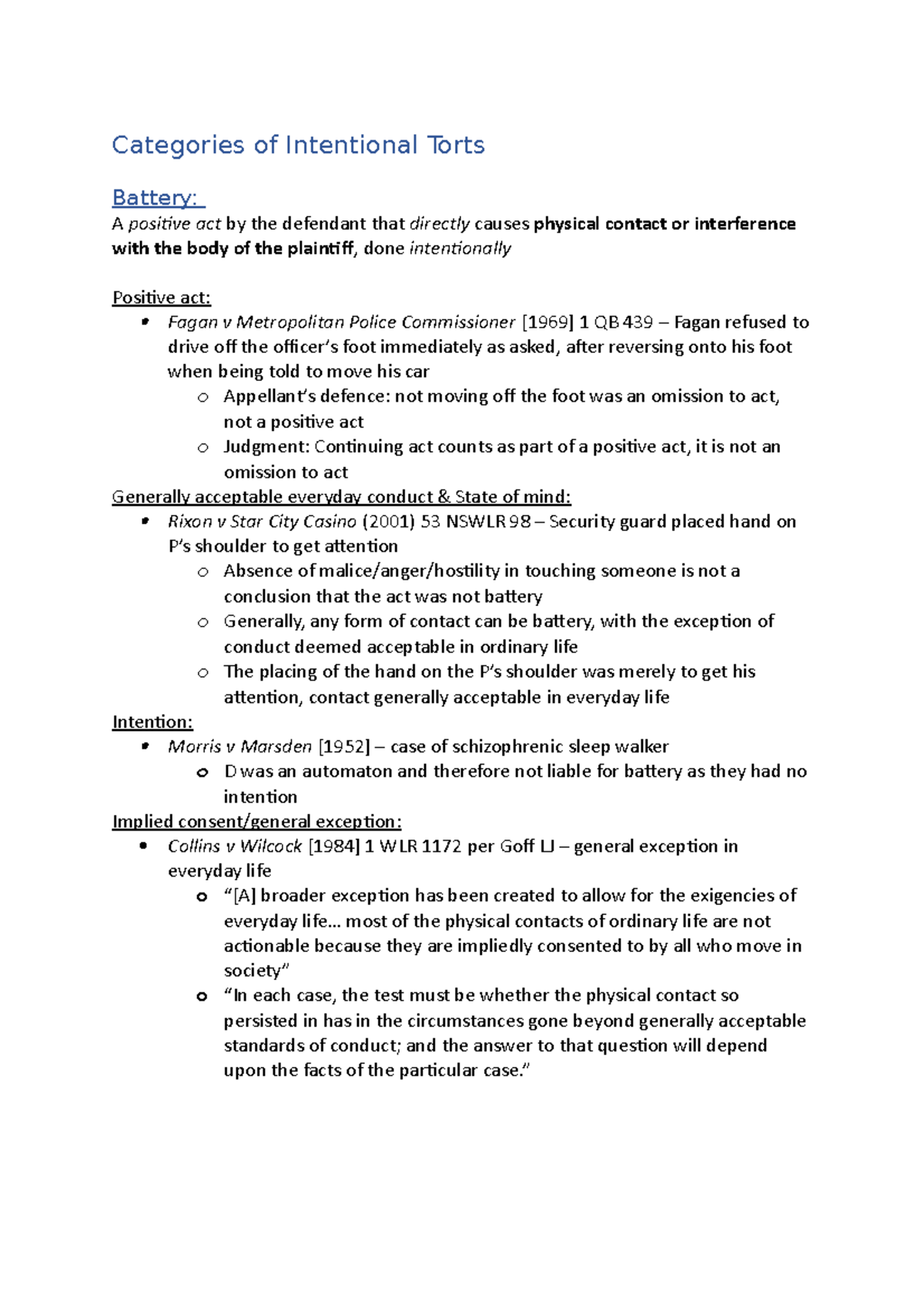 Intentional Torts - Categories of Intentional Torts Battery: A positive ...