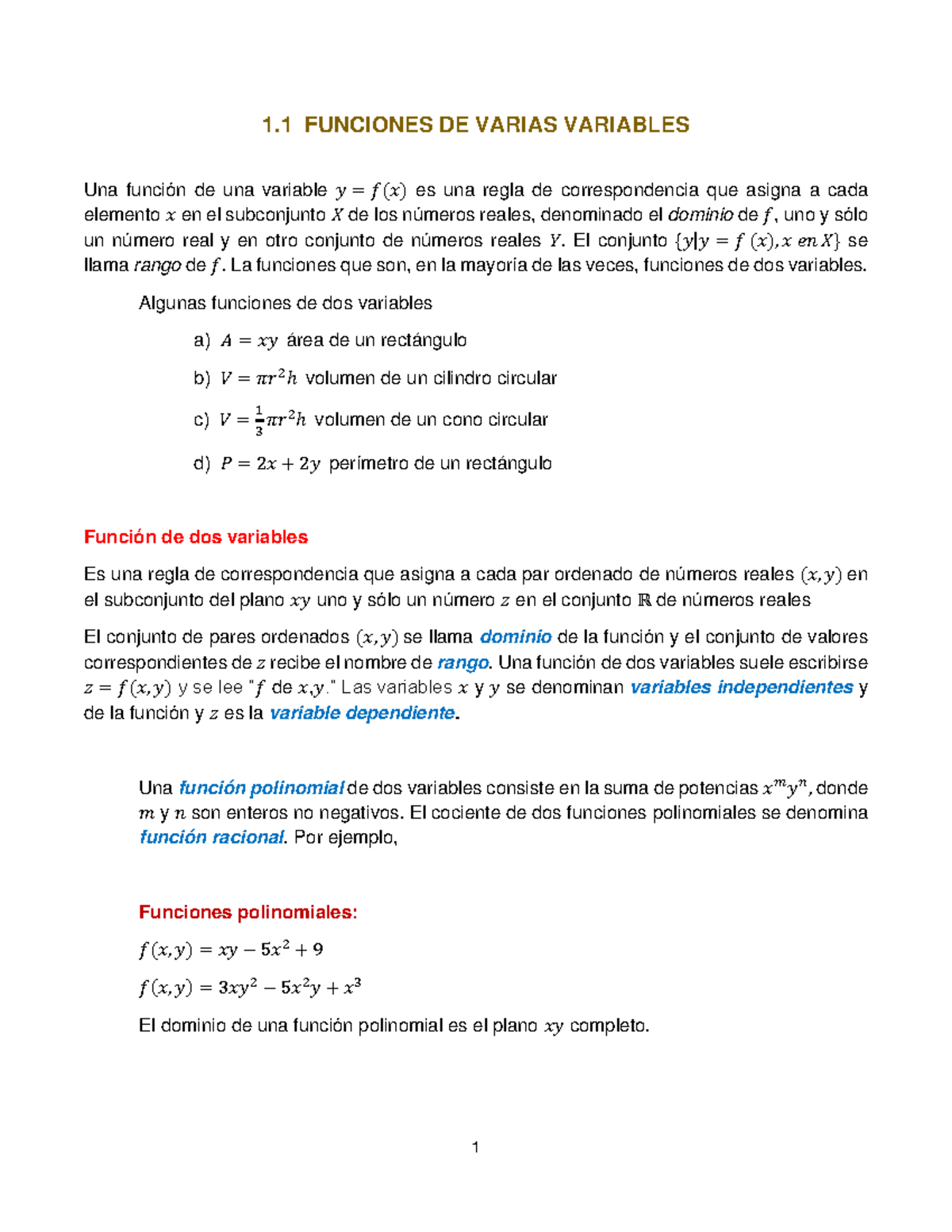 1.1 Funciones de varias variables - 1 FUNCIONES DE VARIAS VARIABLES Una ...