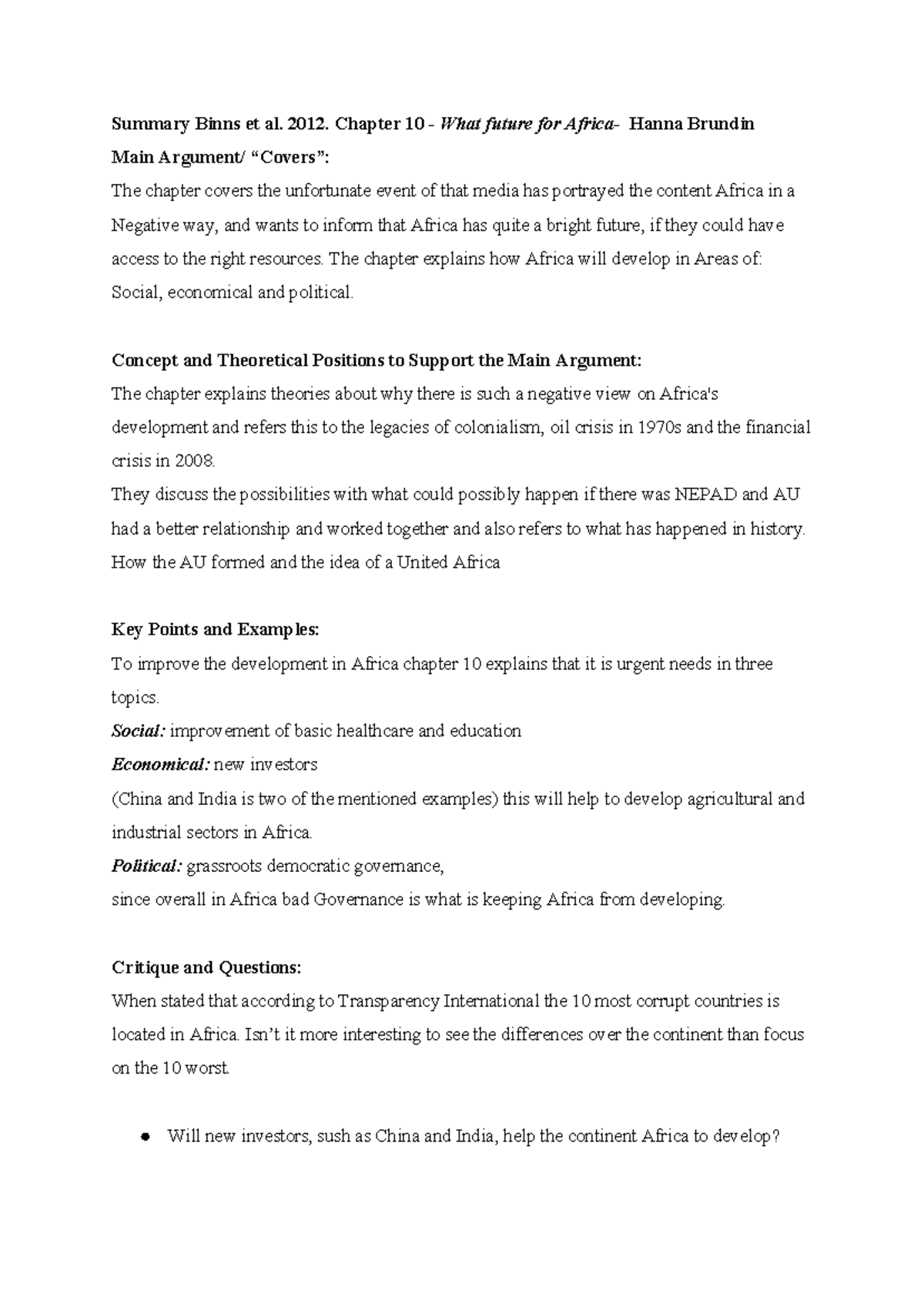 Summary Binns et al. 2012 . Chapter 10 - What future for Africa - Hanna ...