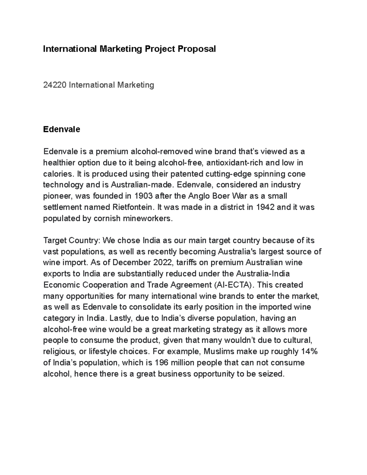 Edenvale Group Brief - International Marketing Project Proposal 24220 ...
