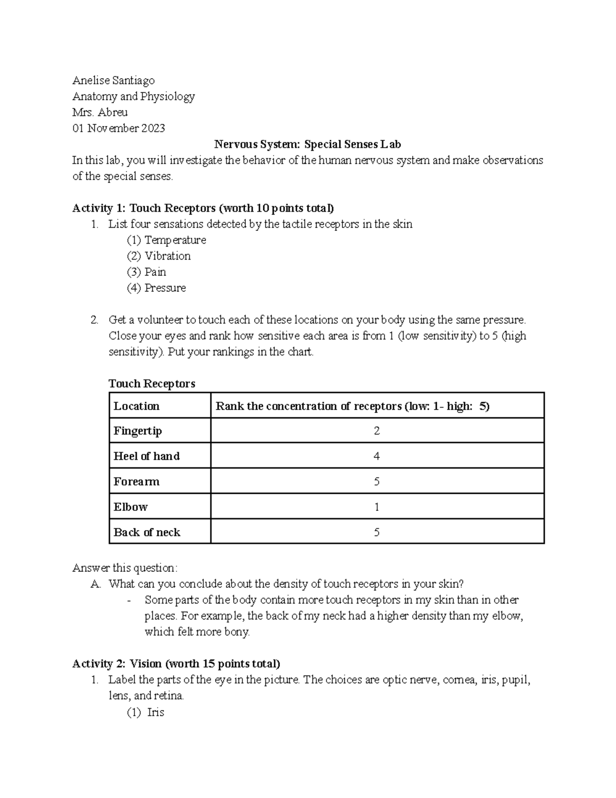 Nervous System Special Senses Lab - Anelise Santiago Anatomy and ...
