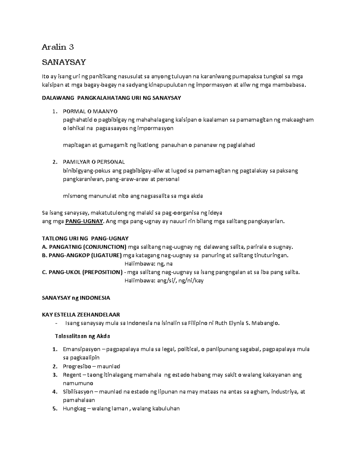 Aralin 3 - For Filipino class - Aralin 3 SANAYSAY Ito ay isang uri ng panitikang nasusulat sa ...