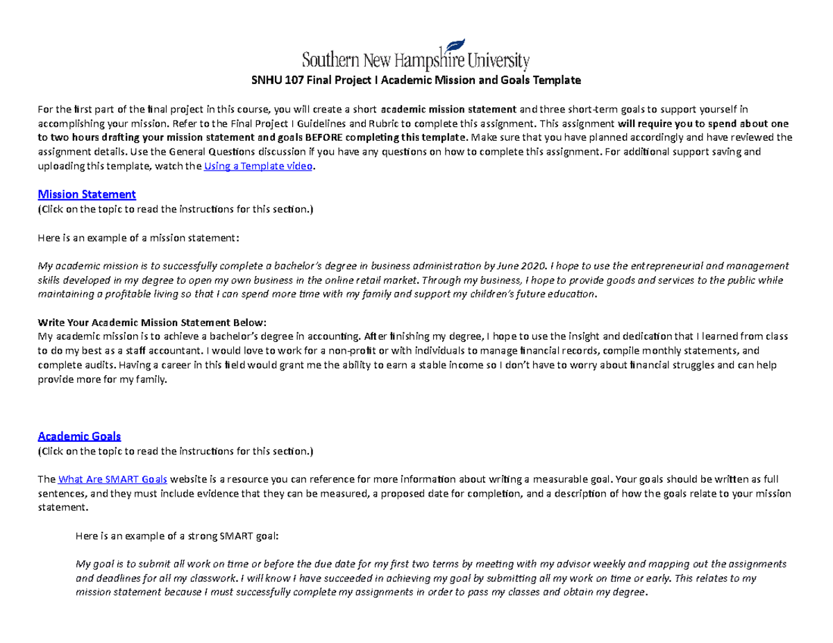 SNHU 107 Final Project I Academic Mission Statement and Goals Template ...