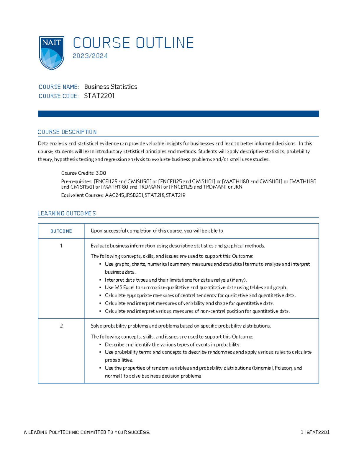 Course Outline STAT2201 - 2023 - COURSE OUTLINE 2023/ COURSE NAME ...