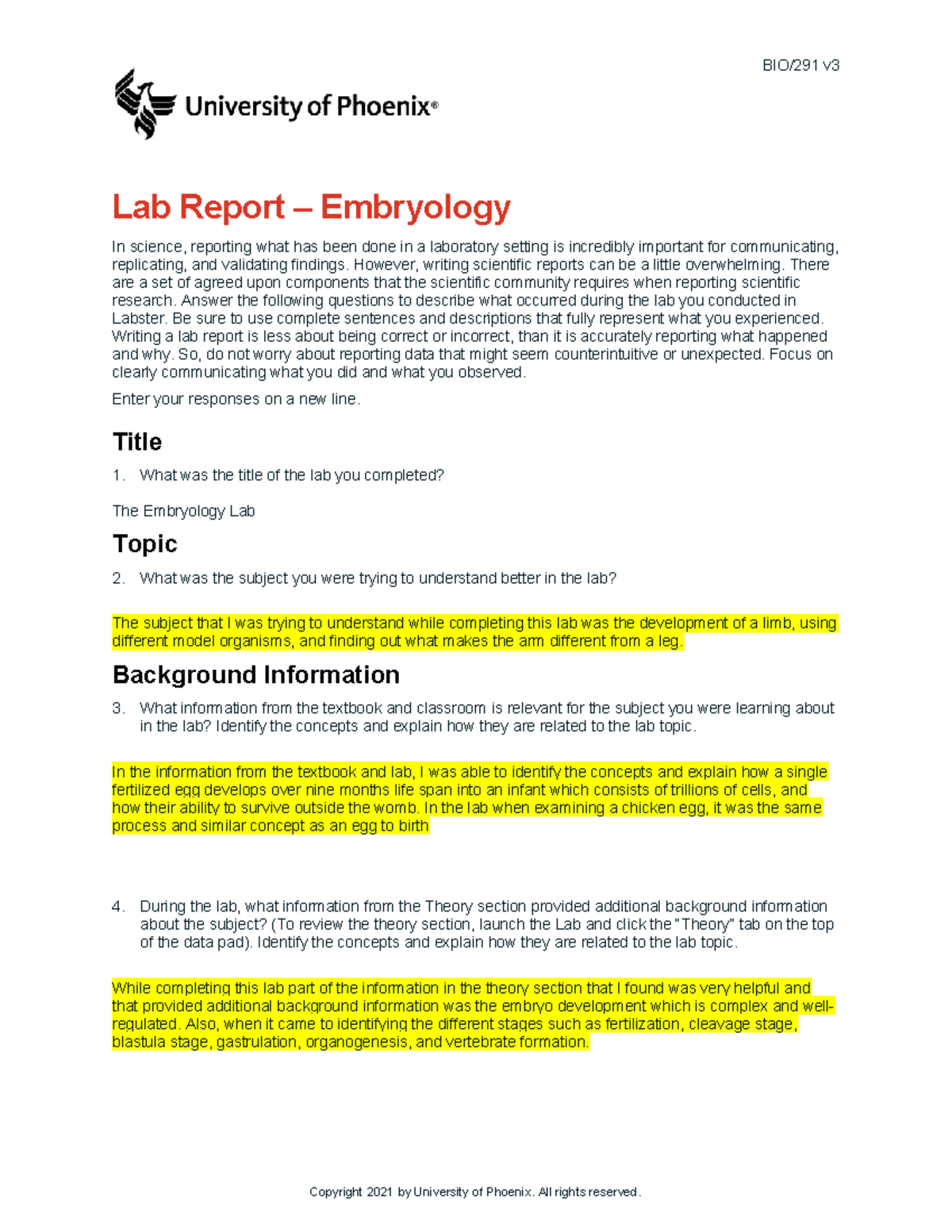 Bio291 v3 wk7 the embryology lab report new - BIO/291 v Lab Report ...