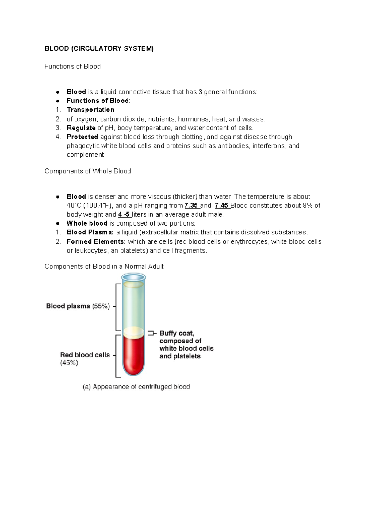 PNA- Week 11 blood - notes - BLOOD (CIRCULATORY SYSTEM) Functions of ...