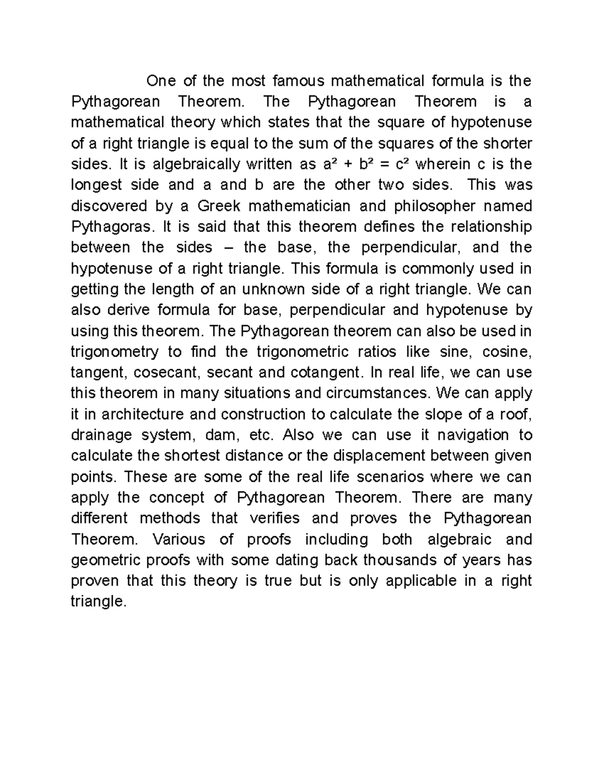 Explain pythagorean theorem - Financial Management - Studocu