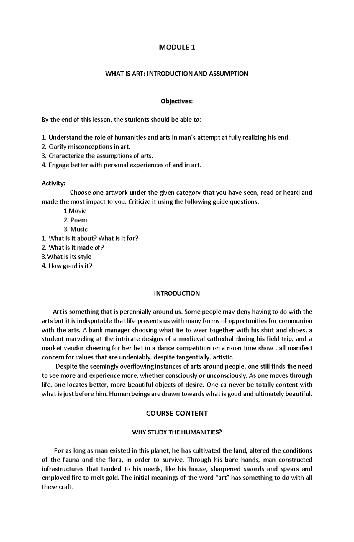 Art Appreciation Module 1 and 2 - MODULE 1 WHAT IS ART: INTRODUCTION AND ASSUMPTION Objectives ...
