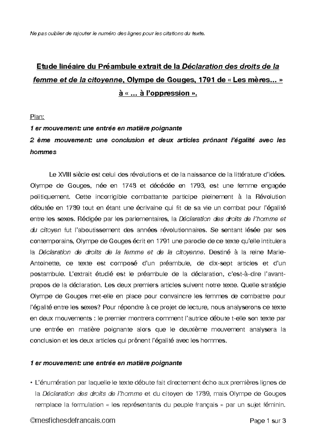 Analyse lineaire ODG Preambule - Ne pas oublier de rajouter le numéro ...