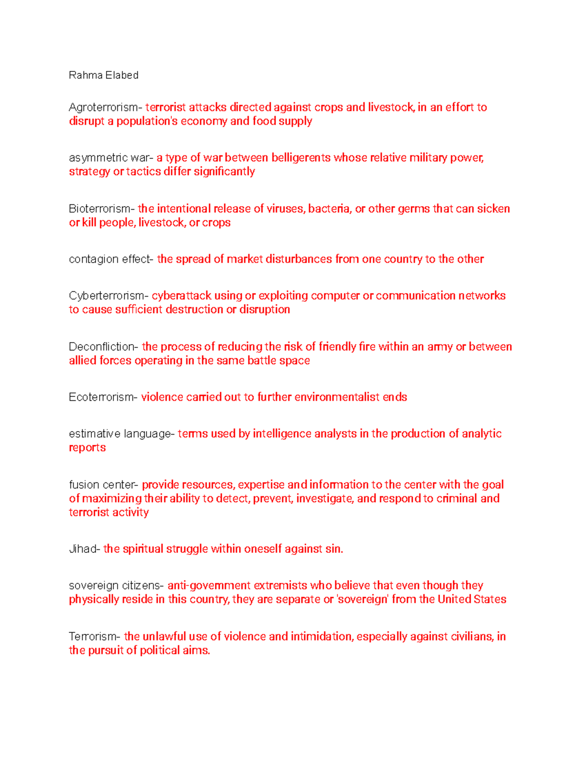 Chapter 9 Study Guide - Rahma Elabed Agroterrorism- terrorist attacks ...