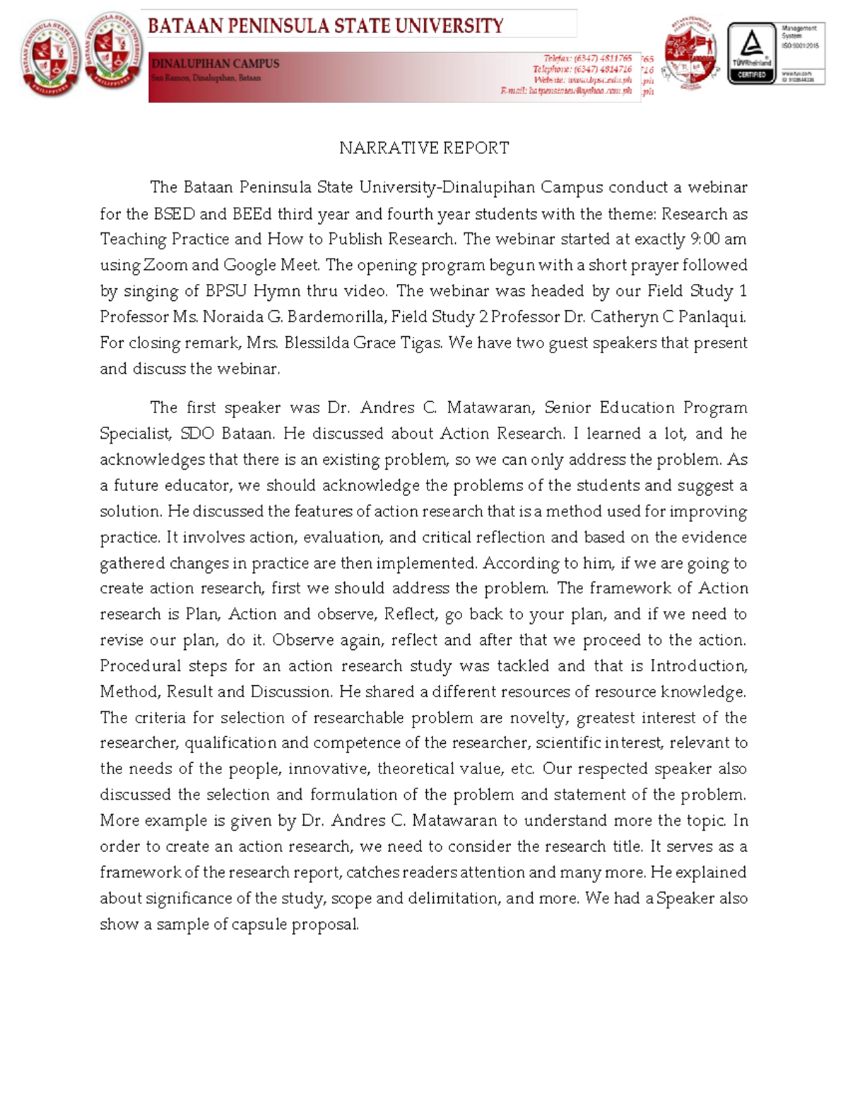 Narrative- Report - none - NARRATIVE REPORT The Bataan Peninsula State ...