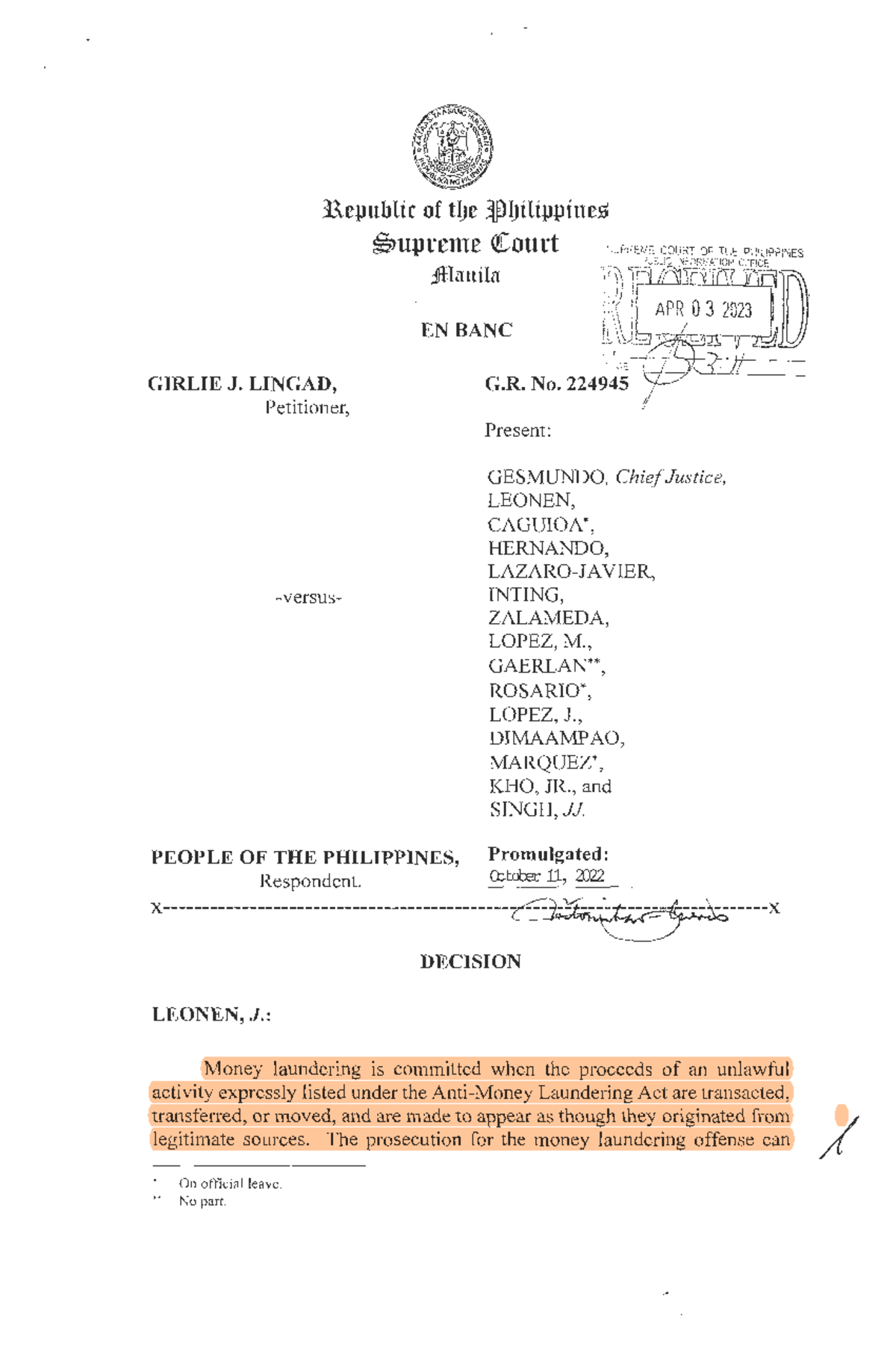 3. Lingad vs. People - asdghjk - 3R of tbe llbilippines GIRLIE J ...