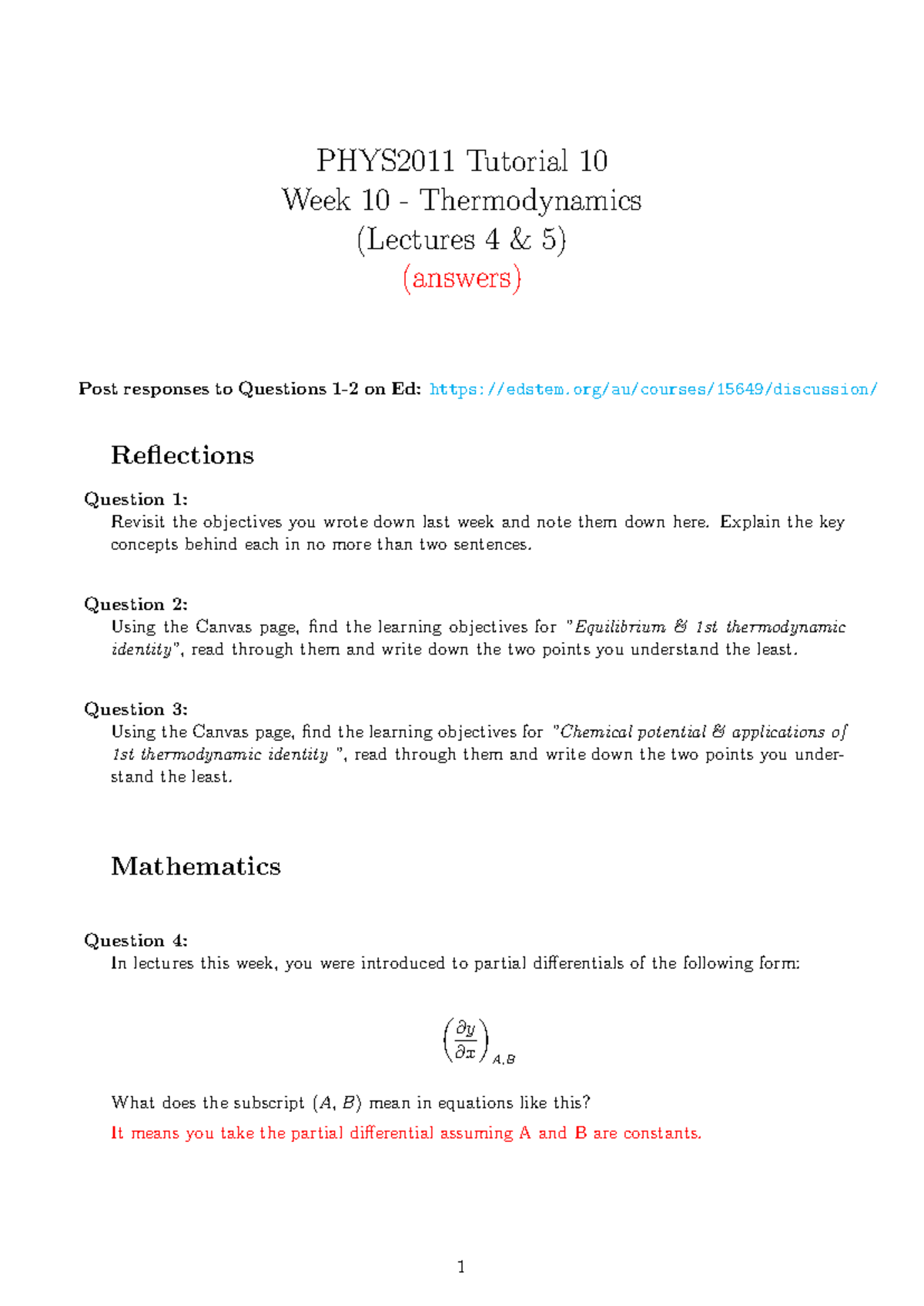 PHYS2011 thermo tutorial 10 ans - PHYS2011 Tutorial 10 Week 10 ...