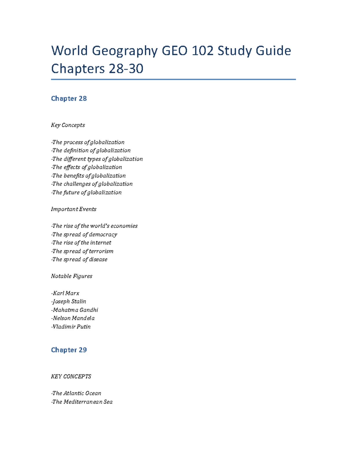 World Geography GEO 102 Study Guide Chapters 28-30 - World Geography ...