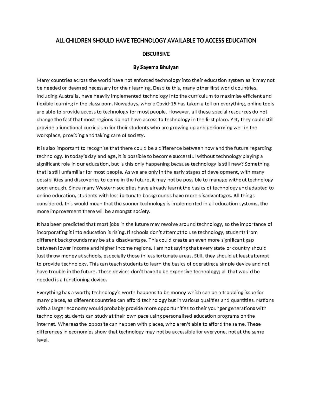 Assessment Task 1 - Discursive Response - ALL CHILDREN SHOULD HAVE ...