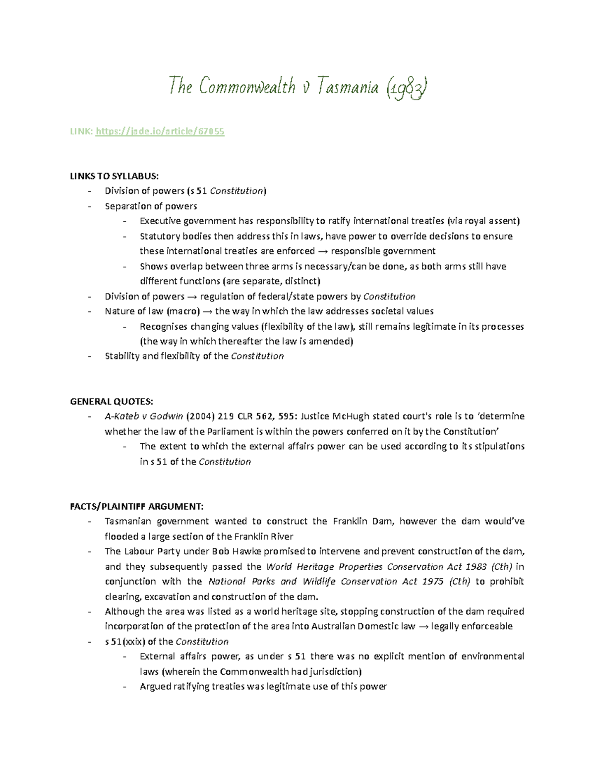 LLB1110 Case Summary - Tasmanian Dam Case (1983) - The Commonwealth v ...
