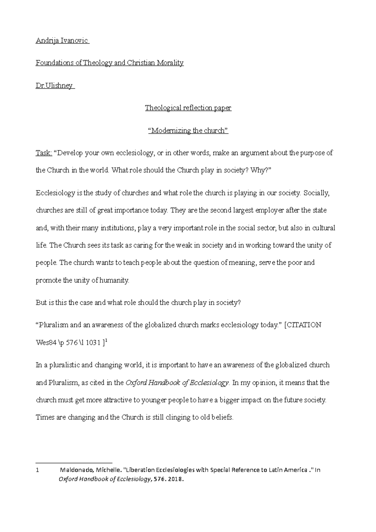 Theological reflection paper #1 - Andrija Ivanovic Foundations of ...