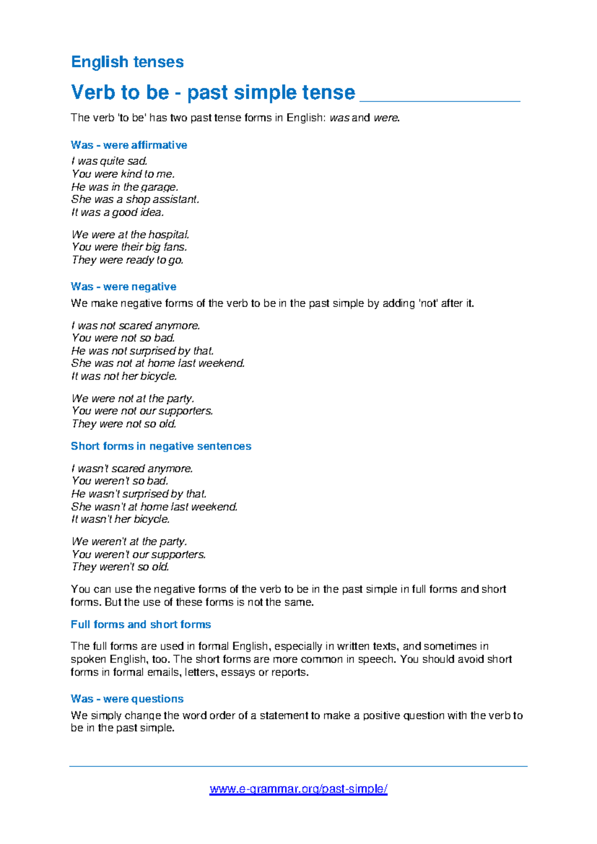 Past simple tense verb to be - e-grammar/past-simple/ English tenses ...