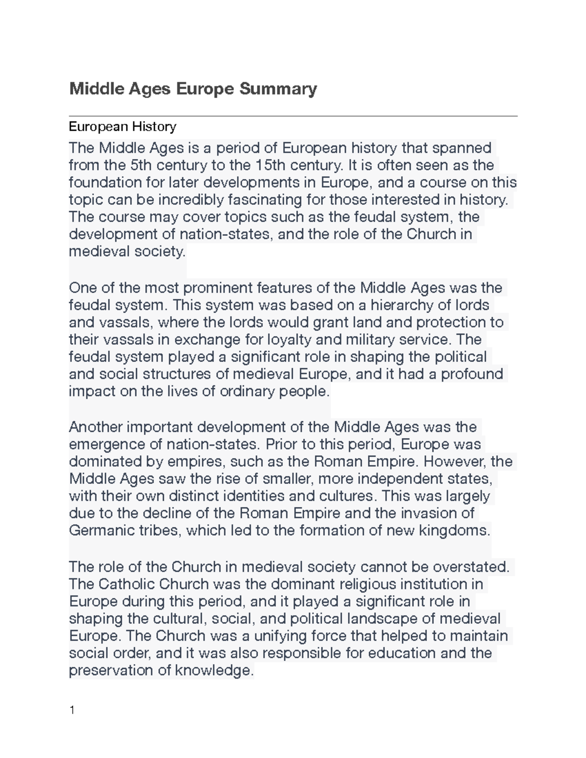 Middle Ages Europe Summary - Middle Ages Europe Summary European ...