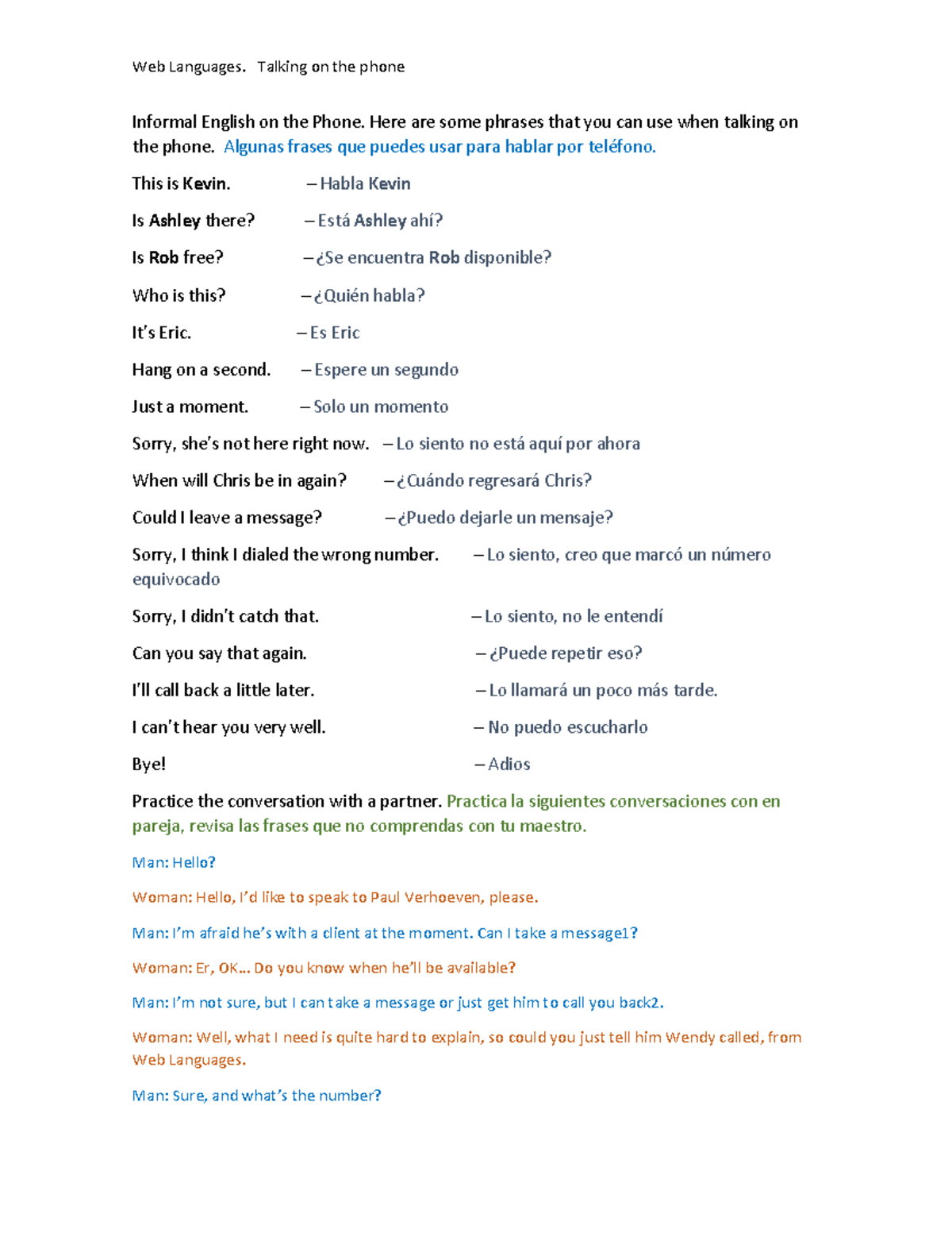 Talking on the phone - Practica de conversación - Web Languages ...