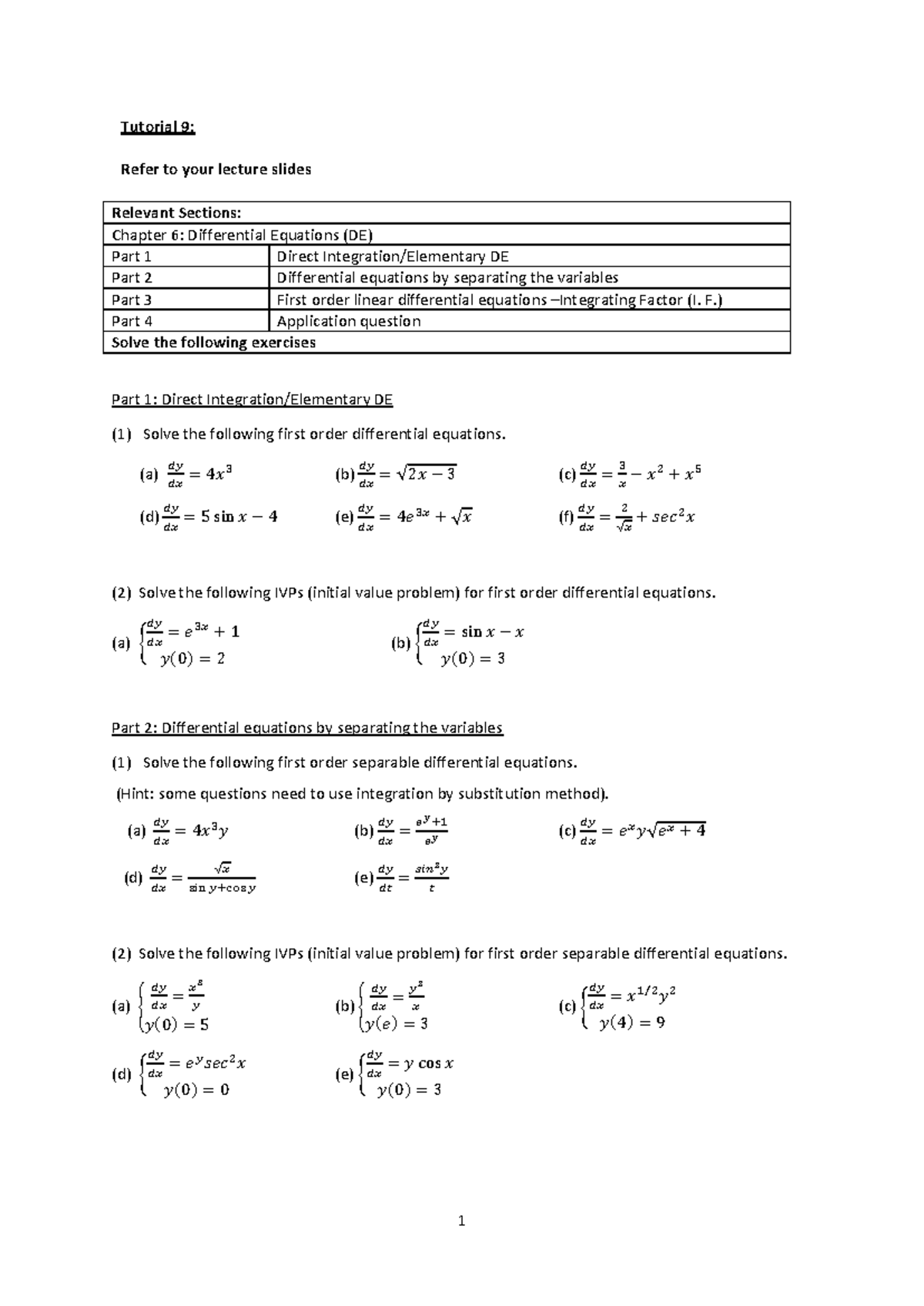 Tut 9 - Calculus and Application - 1 Tutorial 9: Refer to your lecture slides Relevant Sections ...