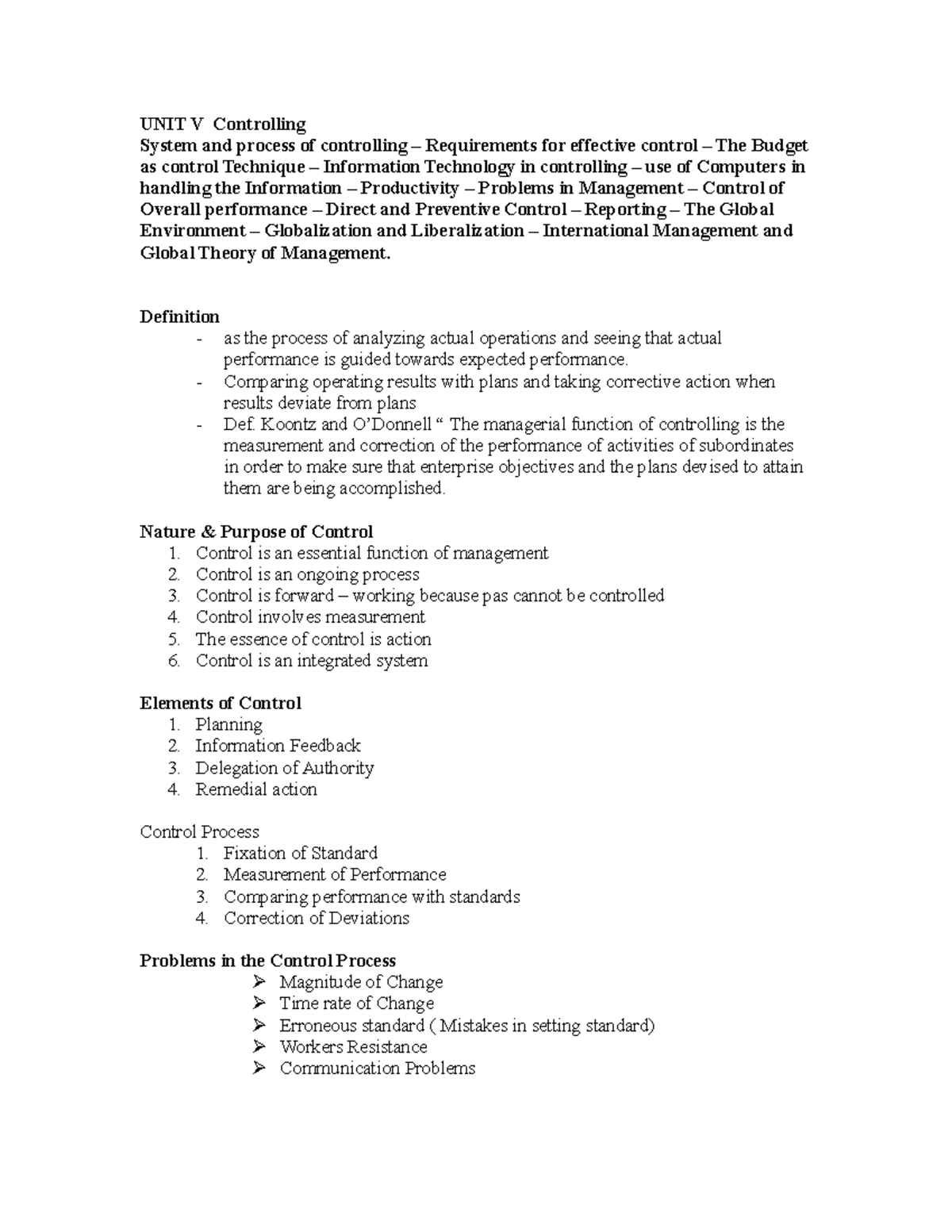 Unit 5 - UNIT V Controlling System and process of controlling ...
