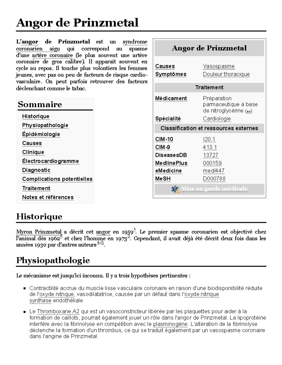 Angor de Prinzmetal — Wikipédia- QCM - Angor de Prinzmetal Causes ...