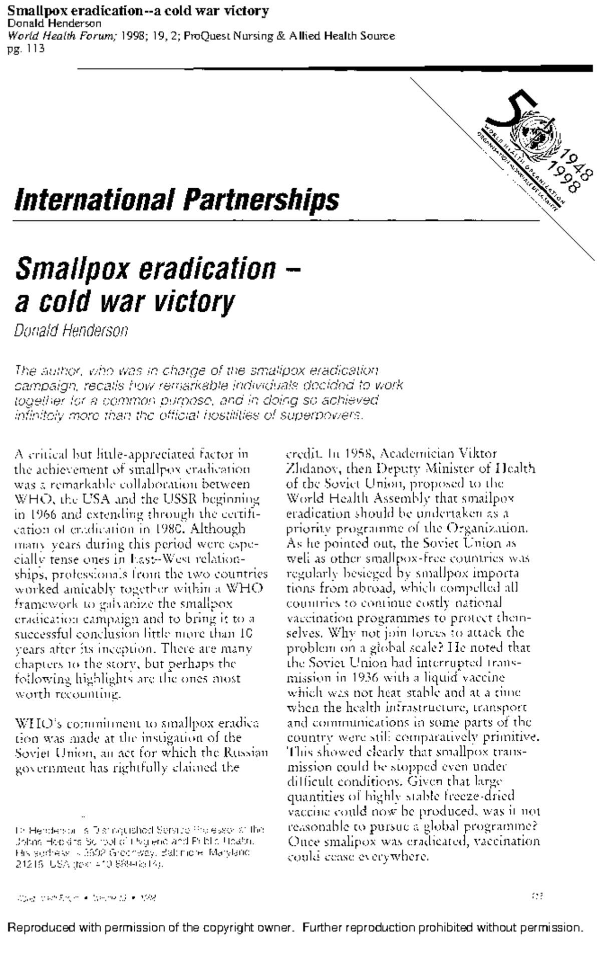 Eradication smallpox article - Hist 275 - Smallpox eradication-a cold ...