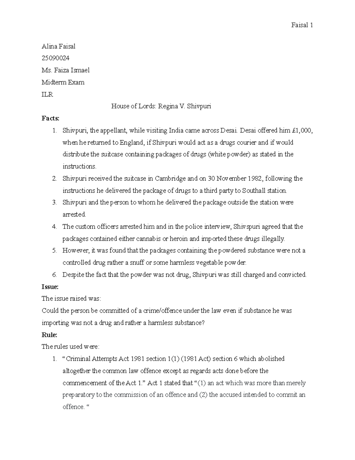 Law Mid for ilr - Faisal 1 Alina Faisal 25090024 Ms. Faiza Ismael ...