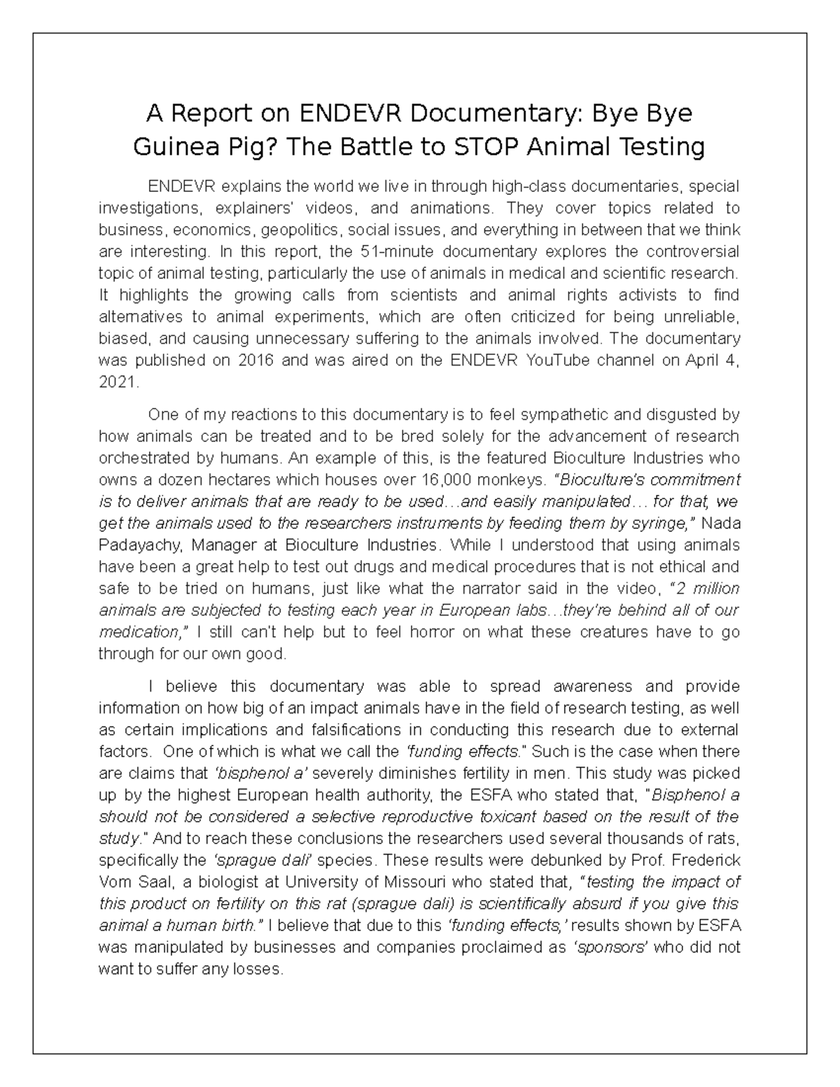 Reflection Paper ON BYE BYE Guinea PIG - A Report on ENDEVR Documentary ...