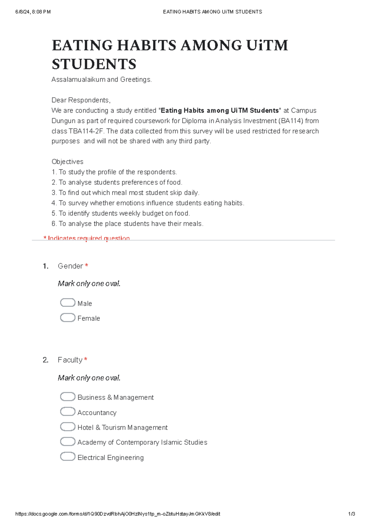 Eating Habits Among Ui TM Students - Google Forms - 1. Mark only one ...