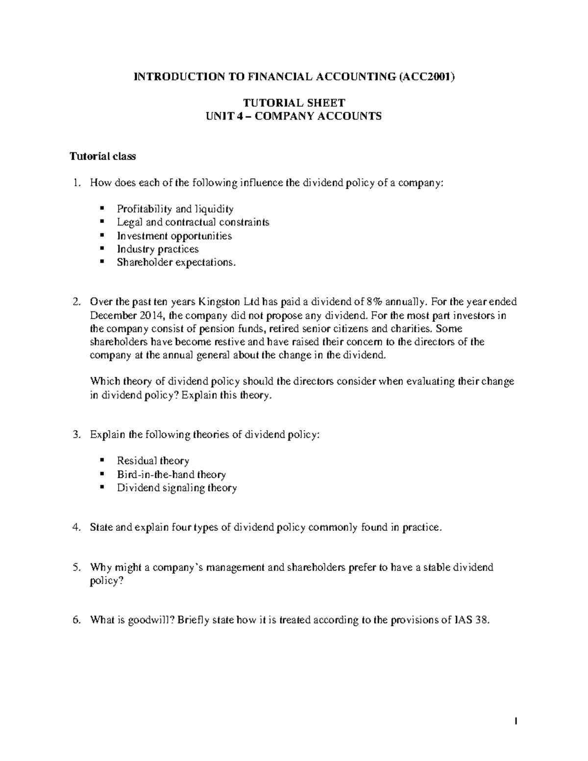 Unit 4 - Company accounts tutorial sheet - INTRODUCTION TO FINANCIAL ...