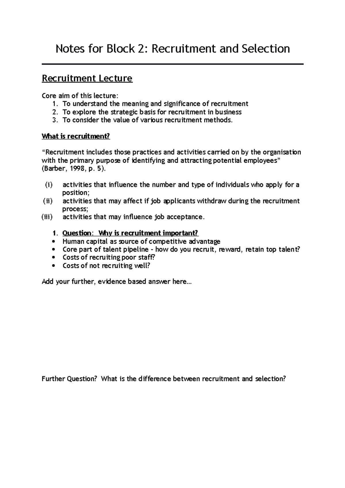 Recruitment and selection lecture notes - Notes for Block 2 ...