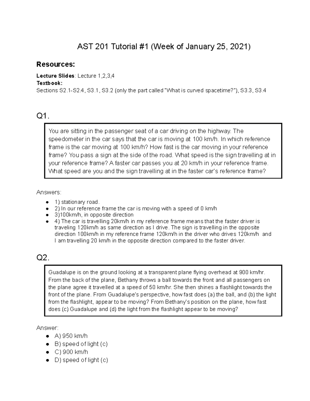 Tutorial 1 - inclass questions - AST 201 Tutorial #1 (Week of January ...