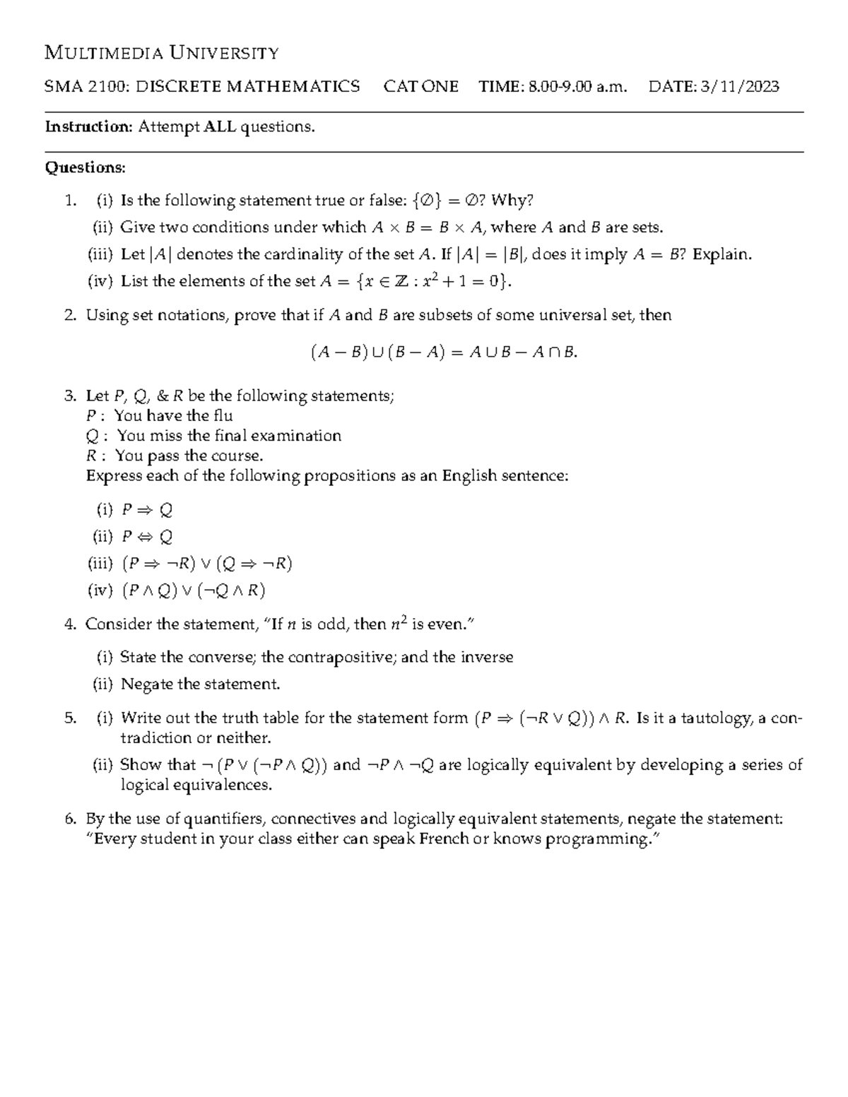 SMA2100CAT1 2023 - CAT - MULTIMEDIA UNIVERSITY SMA 2100: DISCRETE ...