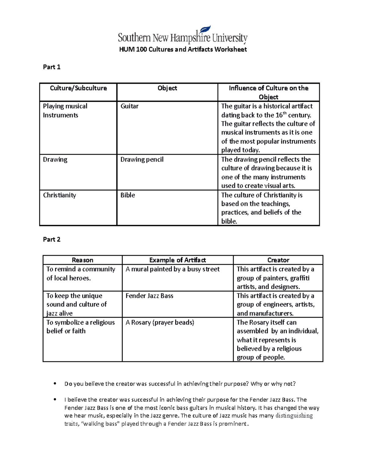 HUM 100 Cultures and Artifacts Worksheet - HUM 100 - SNHU - Studocu