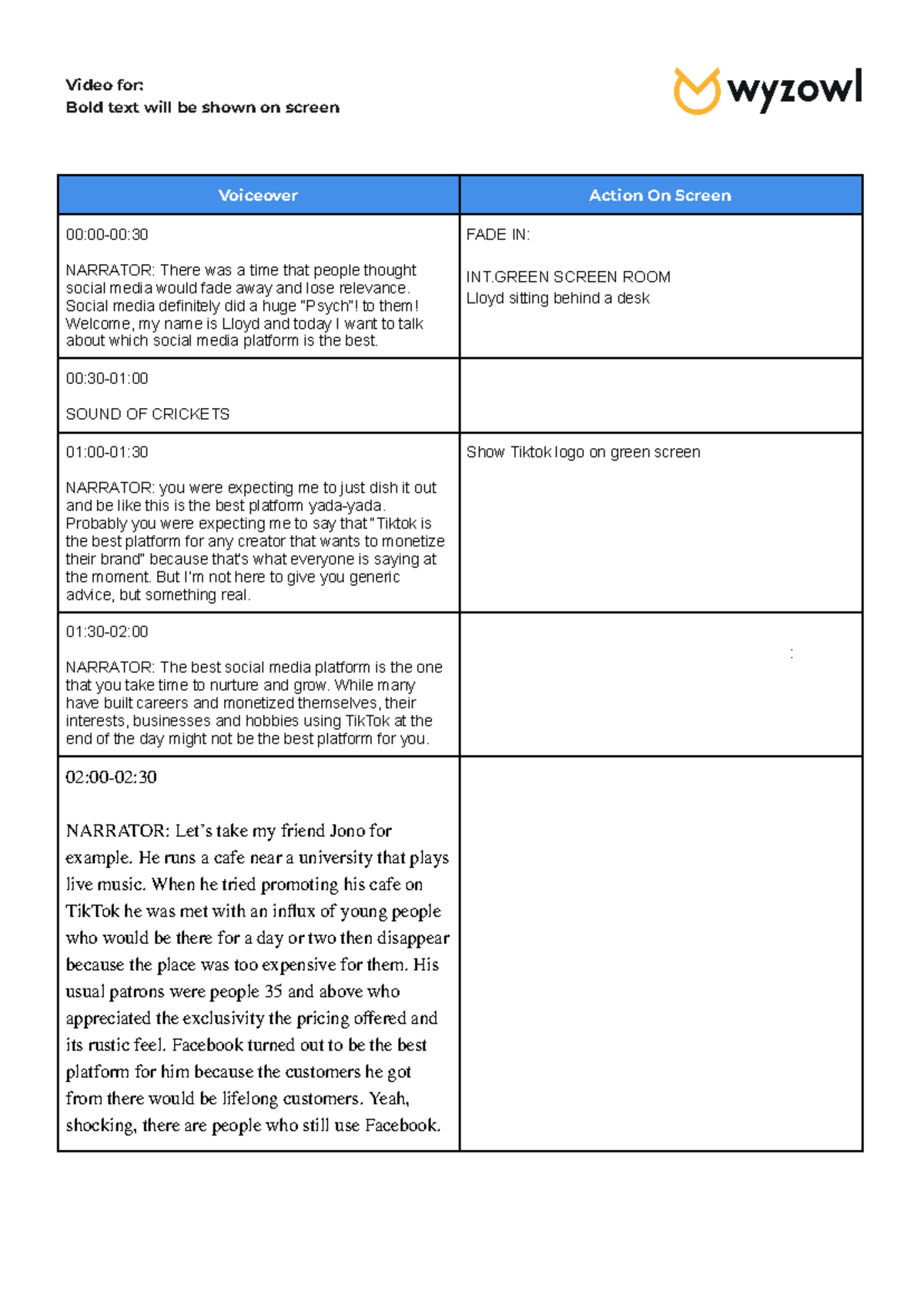 Video Script Template - Video for: Bold text will be shown on screen ...