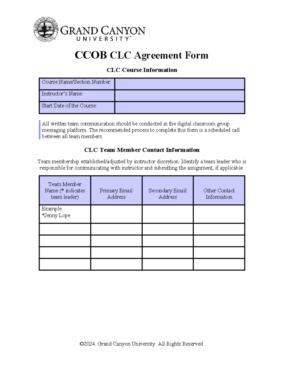 CCOB-CLC-Agreement-Form- team assignment - CCOB CLC Agreement Form CLC Course Information Course ...