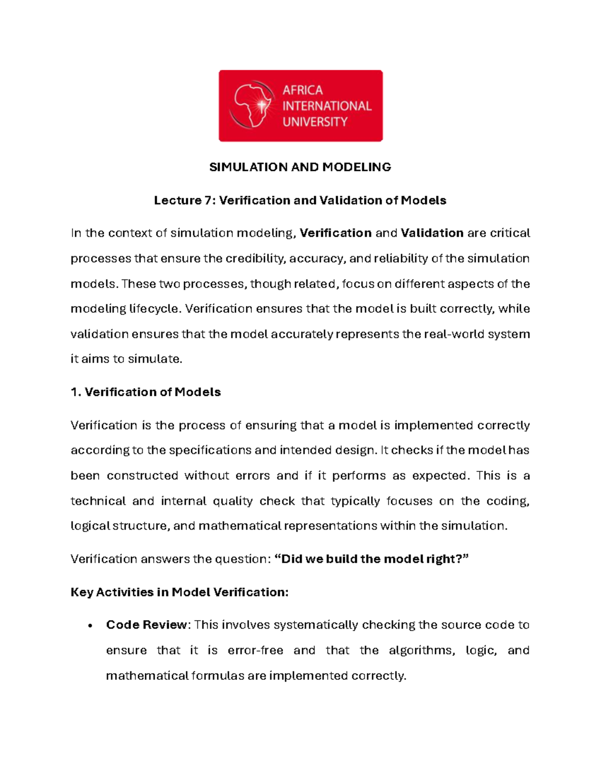 Lecture 7 Model vrification and validation - SIMULATION AND MODELING Lecture 7: Verification and ...