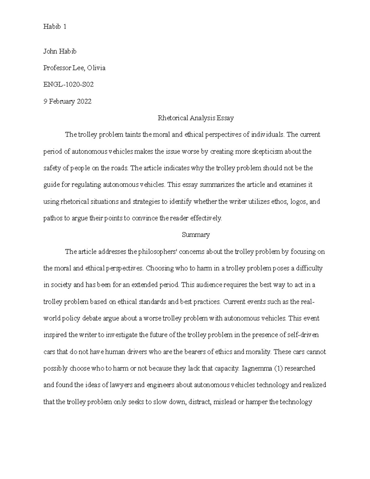 Rhetorical Analysis Essay 1 - John Habib Professor Lee, Olivia ENGL ...