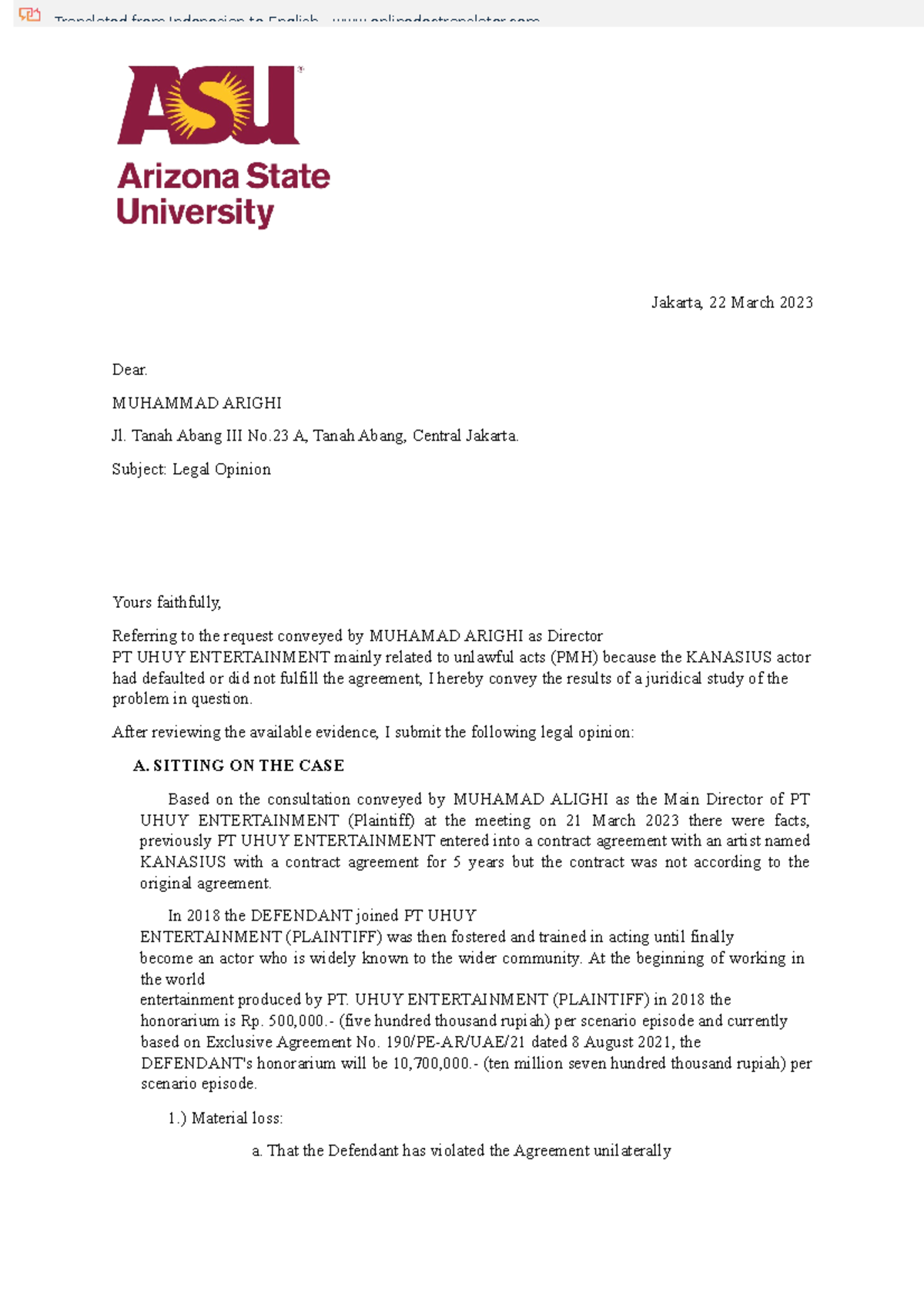 Legal Opinion in civil cases of default - Jakarta, 22 March 2023 Dear ...