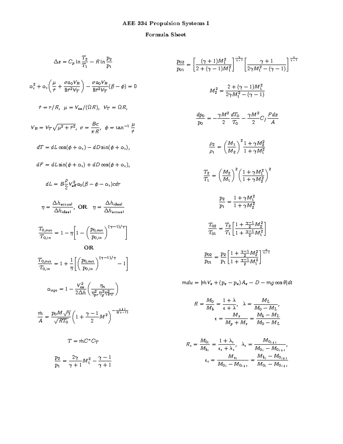 Formula sheet fin spr24 - AEE 334 Propulsion Systems I Formula Sheet ∆s ...