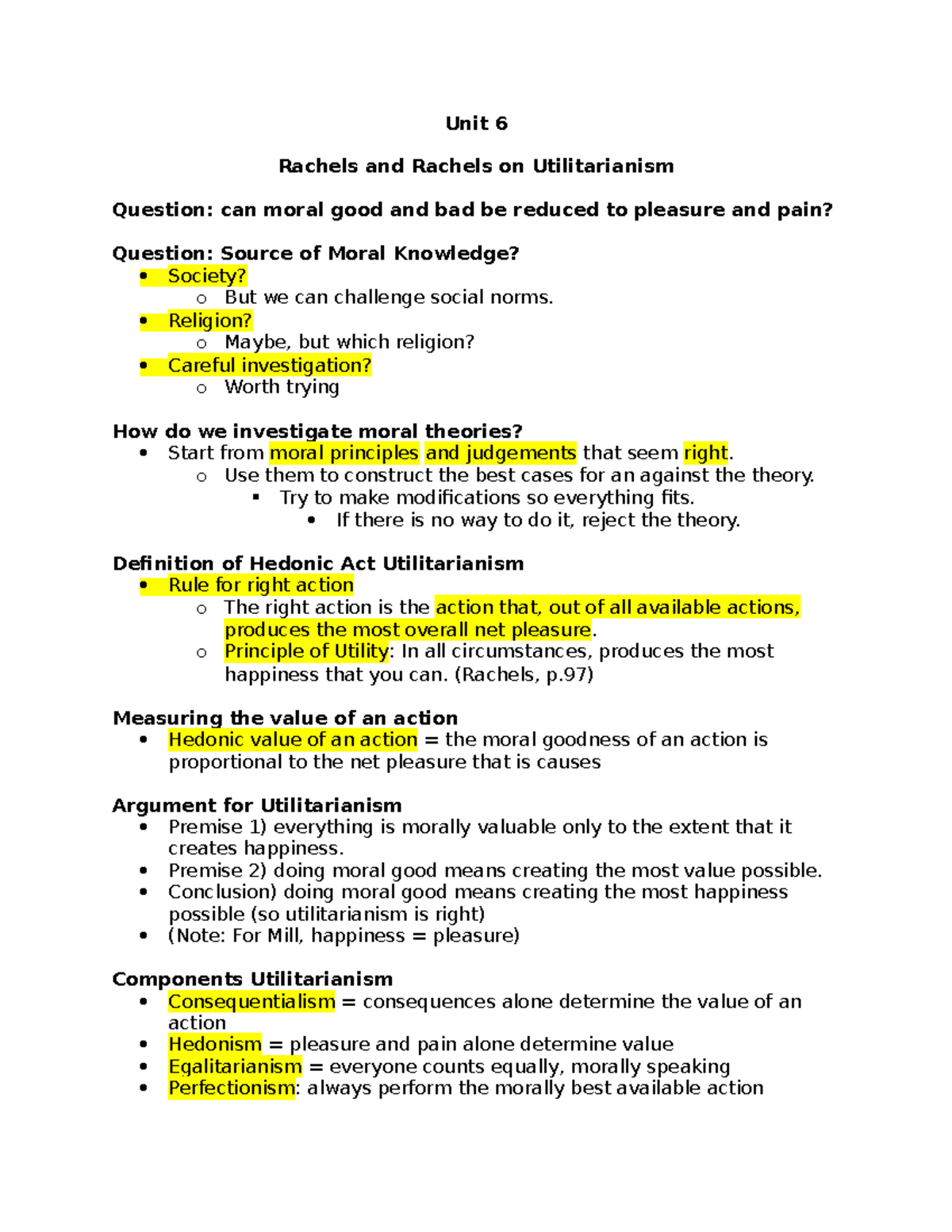 Unit 6 Lecture Notes - Unit 6 Rachels and Rachels on Utilitarianism ...