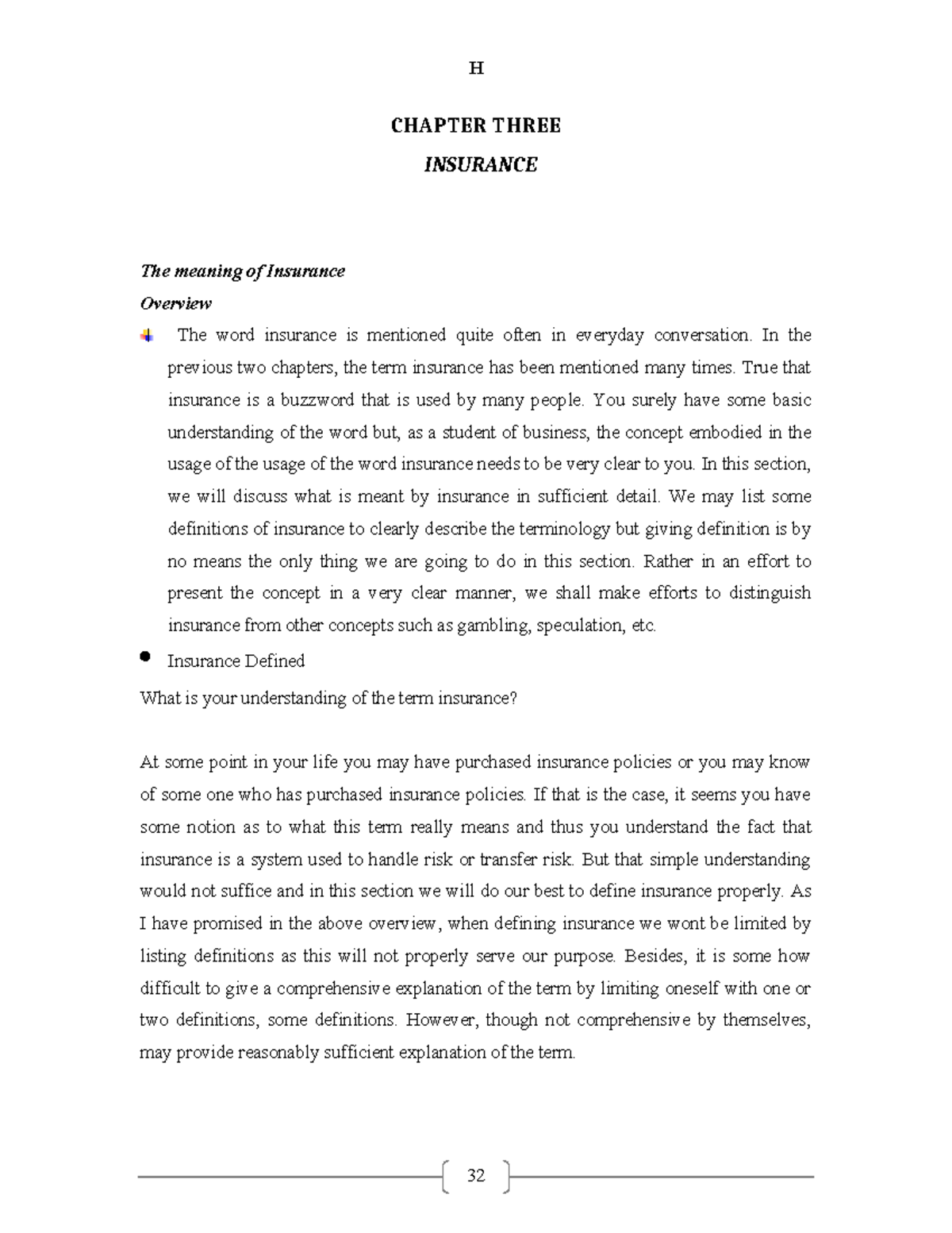 Ch 3 Insu - Note - CHAPTER THREE INSURANCE The meaning of Insurance ...