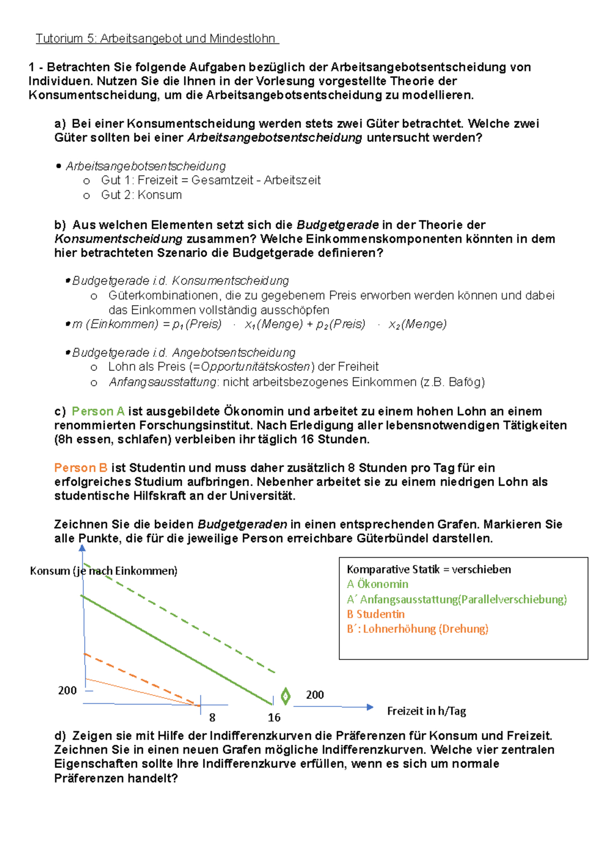 Tut5 - Tut 5 - Tutorium 5: Arbeitsangebot und Mindestlohn 1 - Betrachten Sie folgende Aufgaben ...