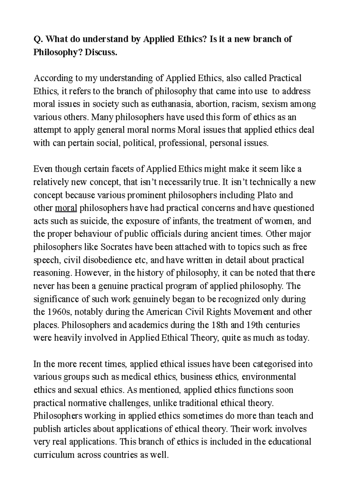 Applied Ethics Tutorial Question - Q. What do understand by Applied ...